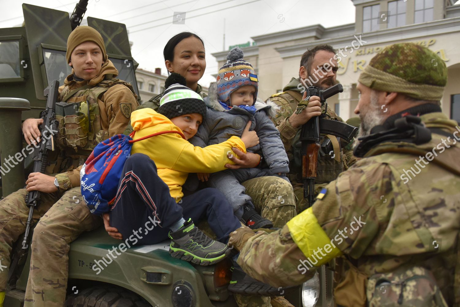 Ukrainian Servicewoman Hugs Children On Central Editorial Stock Photo ...