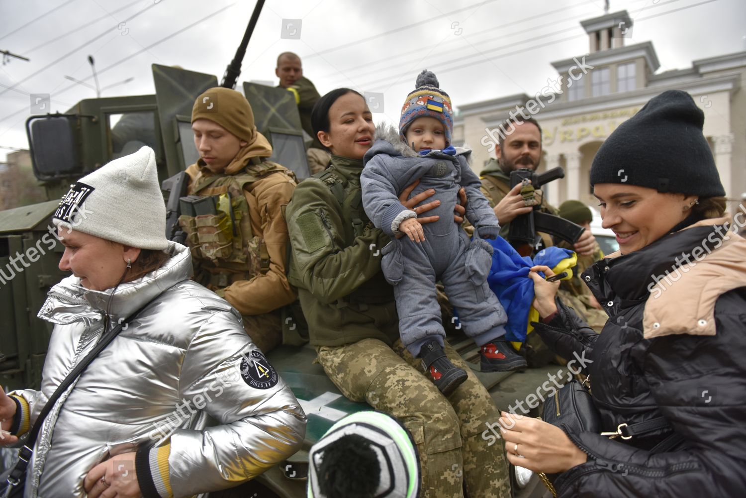 Ukrainian Servicewoman Hugs Children On Central Editorial Stock Photo ...