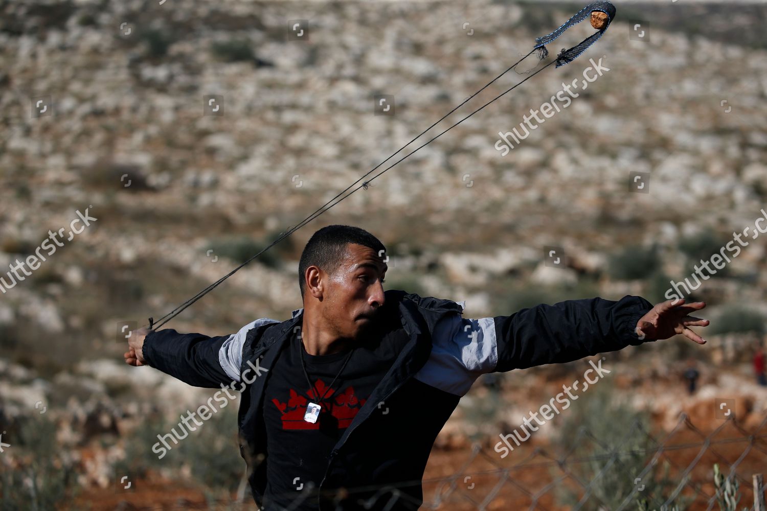 Palestinian Man Uses Slingshot Throw Stones Editorial Stock Photo ...