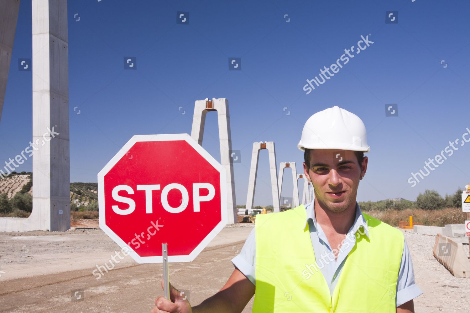 Workman Stopping Construction Traffick Where Railway Editorial Stock ...