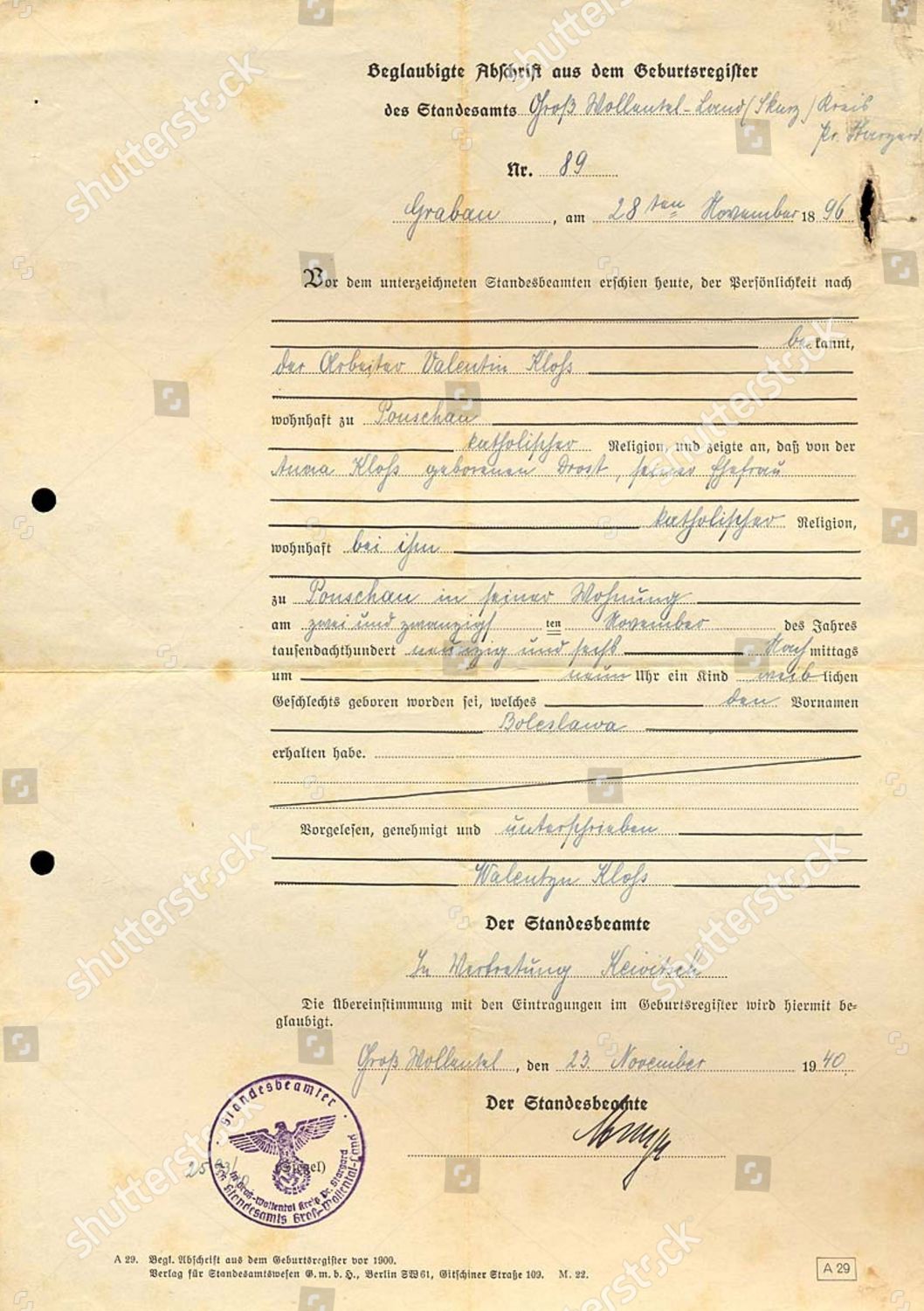 Germany Copy Birth Registration Dated 1940 Editorial Stock Photo ...