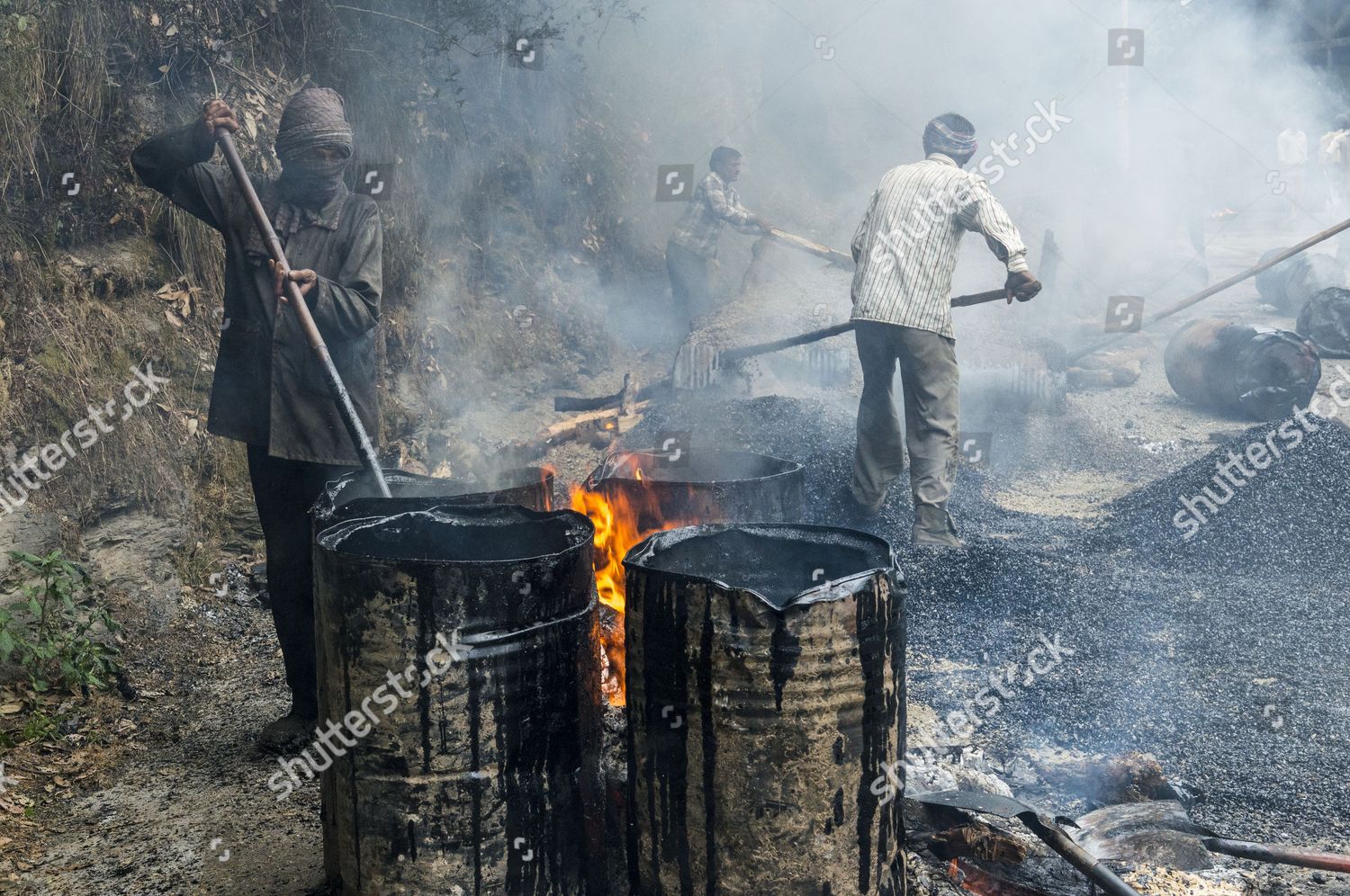 Worker Heating Tar Barrels Open Fire Editorial Stock Photo - Stock ...