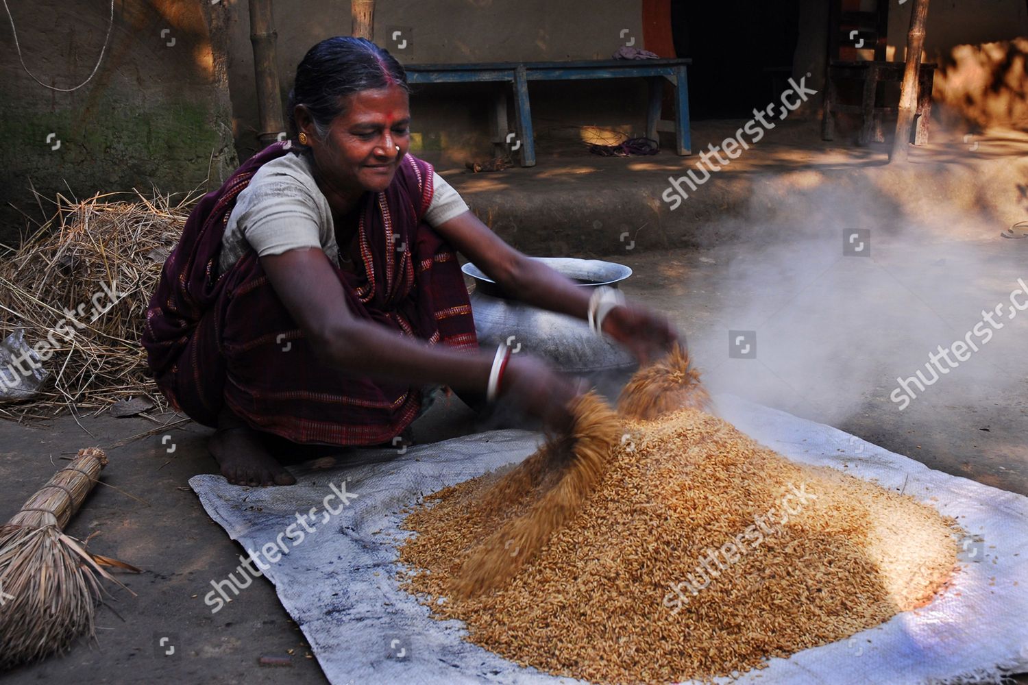 Woman Dries Boiled Paddy Courtyard Her Editorial Stock Photo - Stock ...