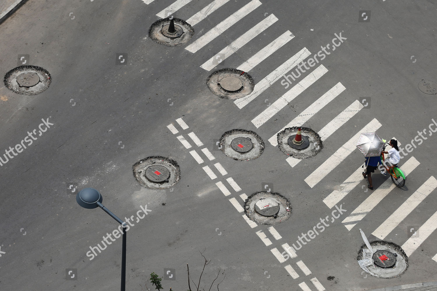 Pedestrian Navigates Round Manhole Potholes Editorial Stock Photo ...