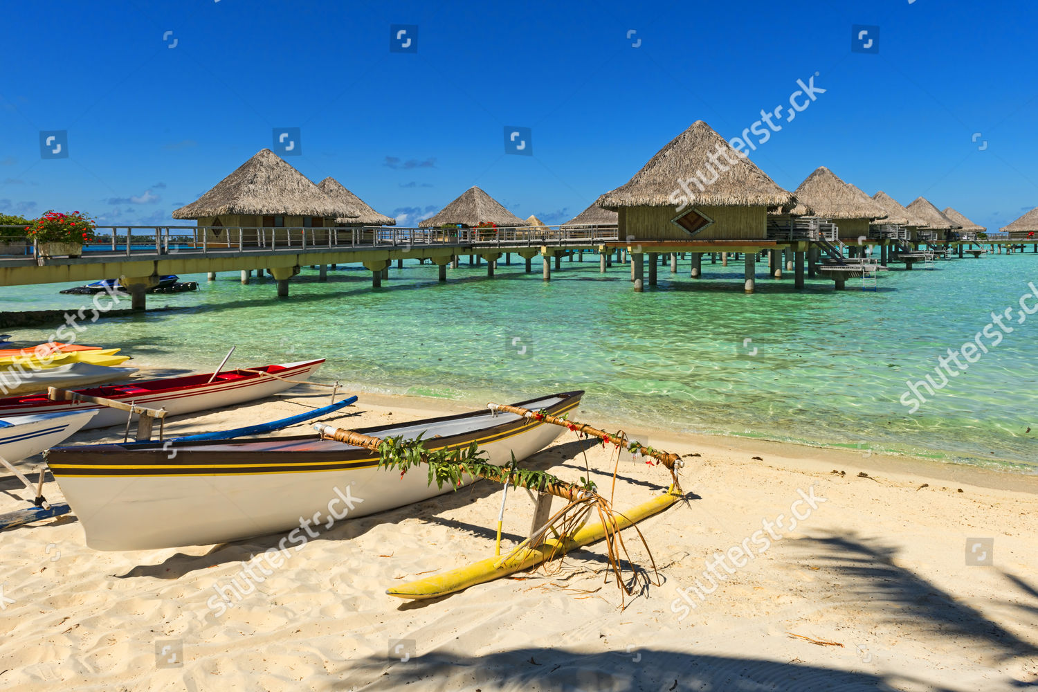 Outrigger Boats On Beach Overwater Bungalows Editorial Stock Photo ...