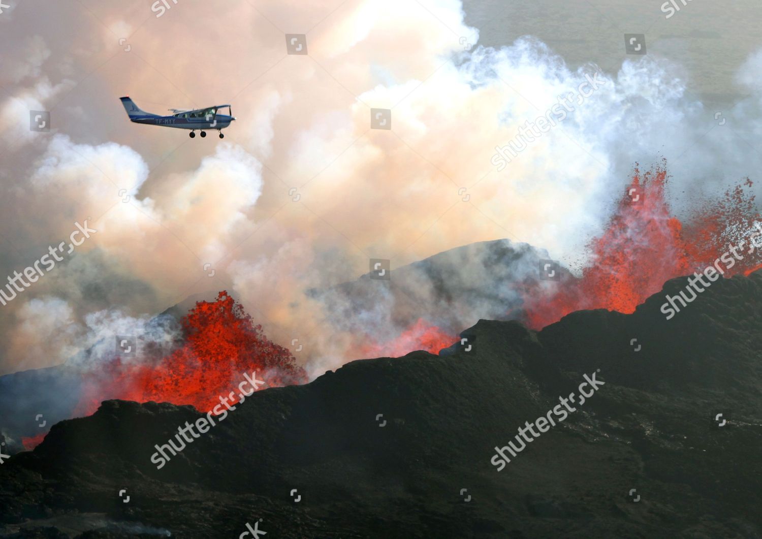 Plane Flies Over Volcano Spewing Lava Editorial Stock Photo - Stock ...
