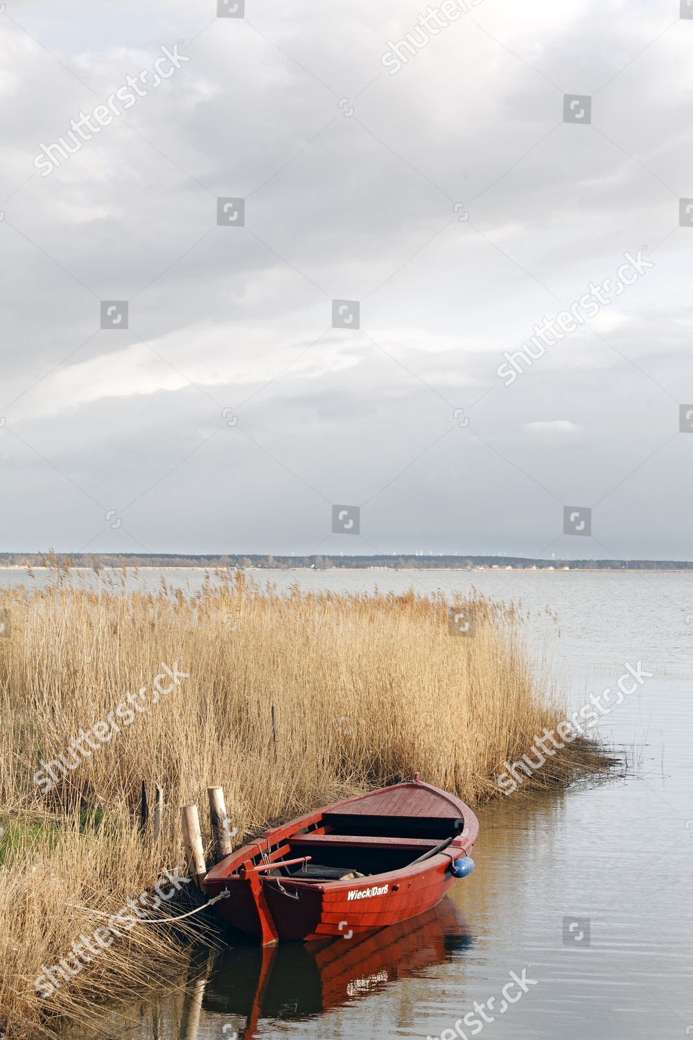 Red Rowboat Moored Reedfilled Bank Lake Editorial Stock Photo - Stock ...