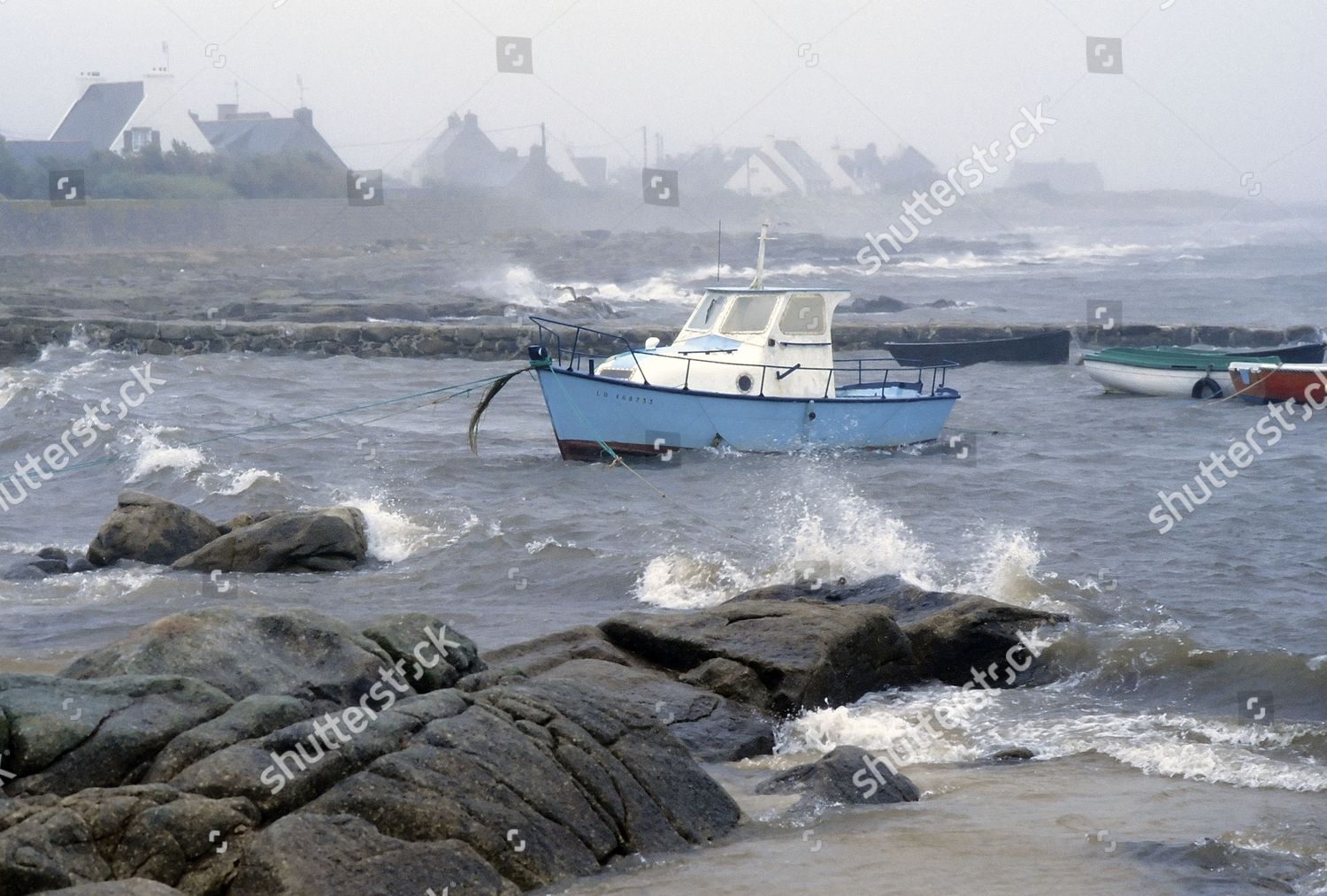 Rocky Coastline Small Boat Rocking Waves Editorial Stock Photo - Stock ...