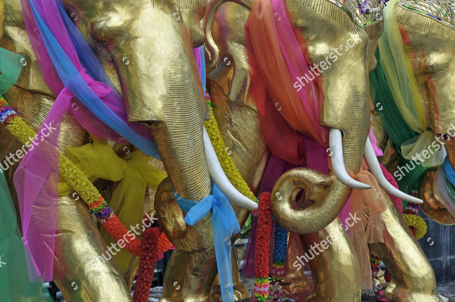 Teak Elephants Decorated Lucky Ribbons Erawan Editorial Stock Photo ...