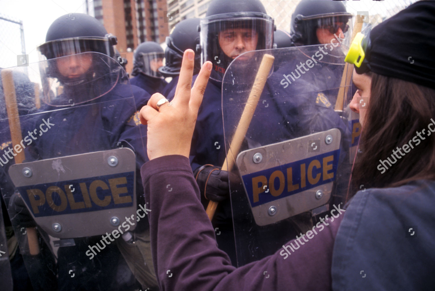 Woman Gives Peace Sign Riot Police Editorial Stock Photo - Stock Image ...