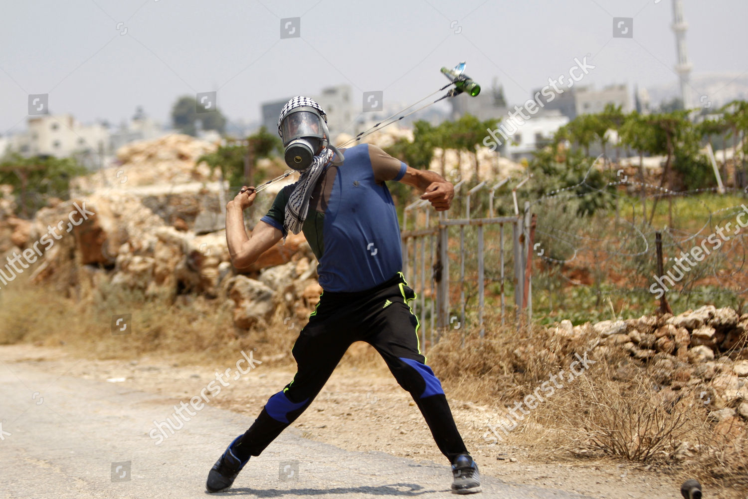 Masked Palestinian Protester Uses Slingshot Hurl Editorial Stock Photo ...