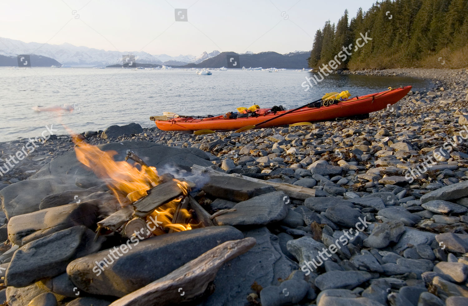 Campfire Sea Kayak Behind Glacier Island Editorial Stock Photo - Stock ...