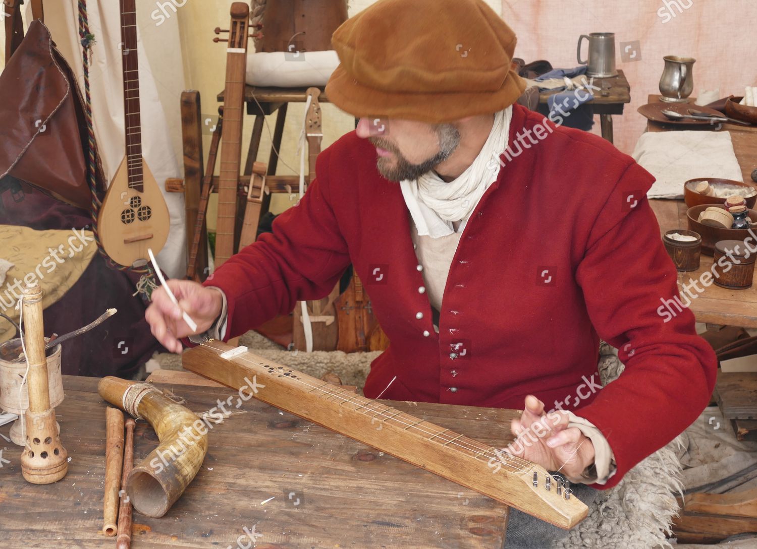 Elizabethan Musician Tuning Instrument Made Wooden Editorial Stock ...