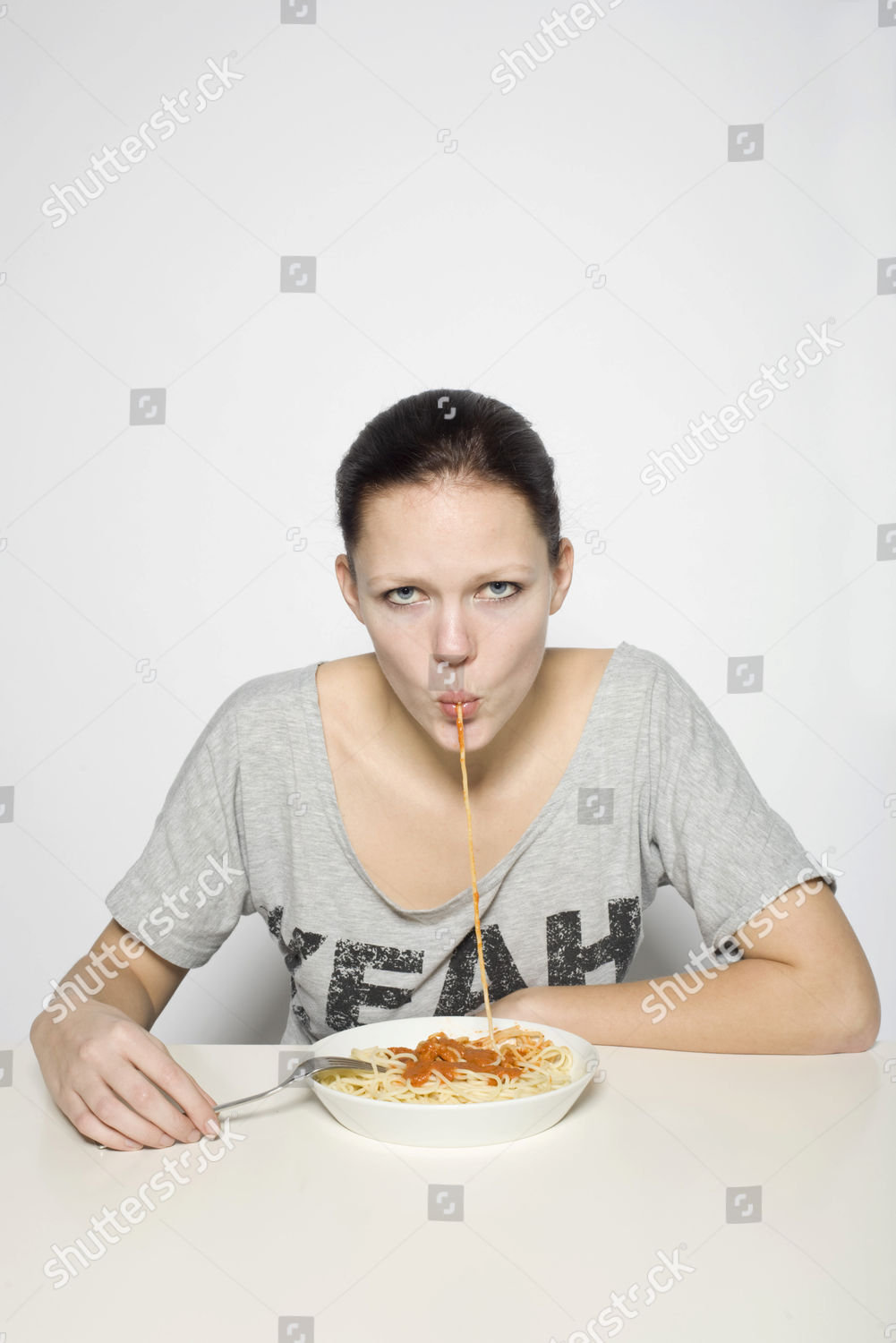 Model Released Young Woman Eating Spaghetti Editorial Stock Photo ...