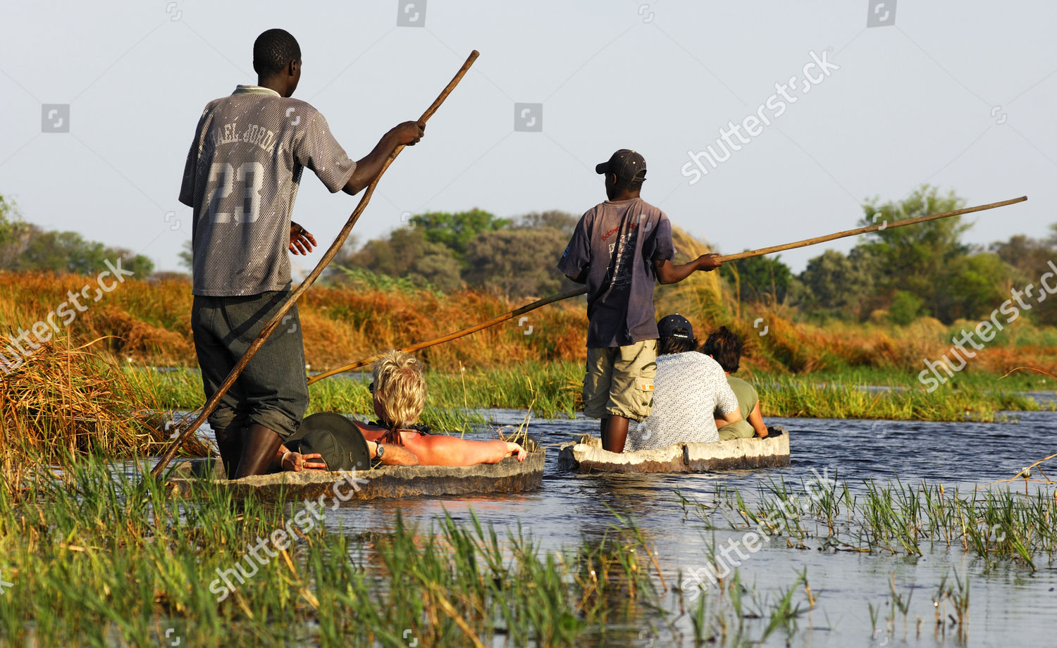 Boatsmen Tourists Traditional Mokoro Dugout Canoes Editorial Stock ...