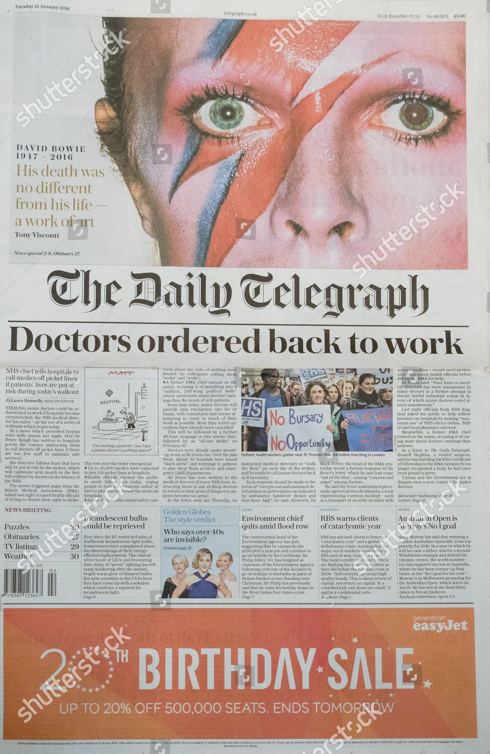 Daily Telegraph Newspaper Front Page Following Editorial Stock Photo ...