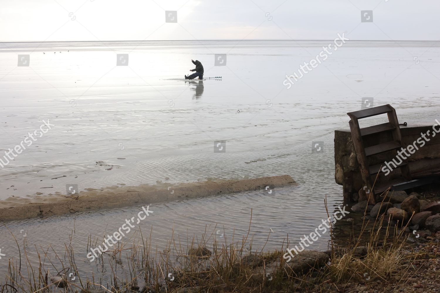 Man Fishing On Frozen Sea Curonian Editorial Stock Photo - Stock Image ...