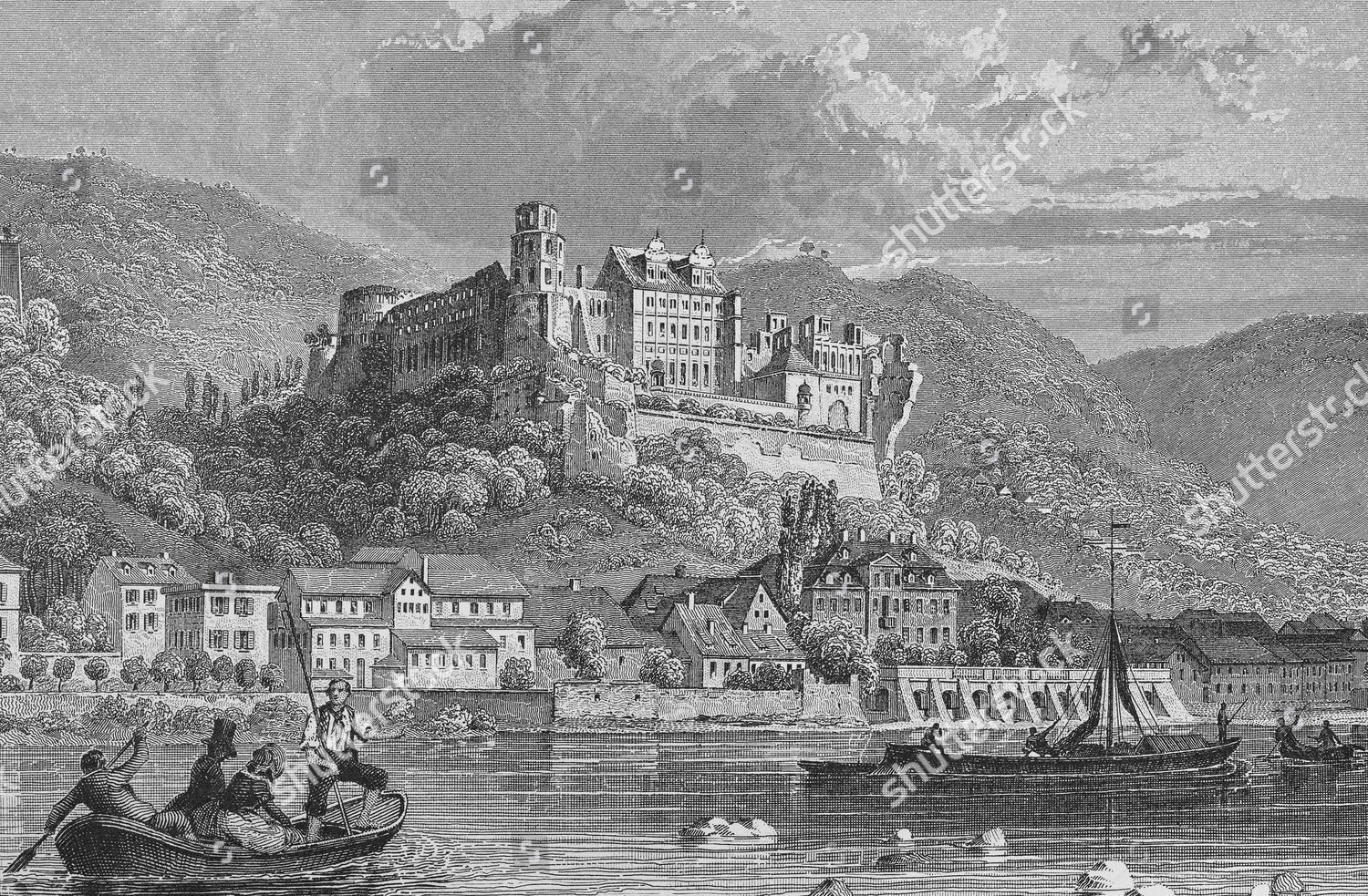 Historic Cityscape Steel Engraving Heidelberg Castle Editorial Stock ...
