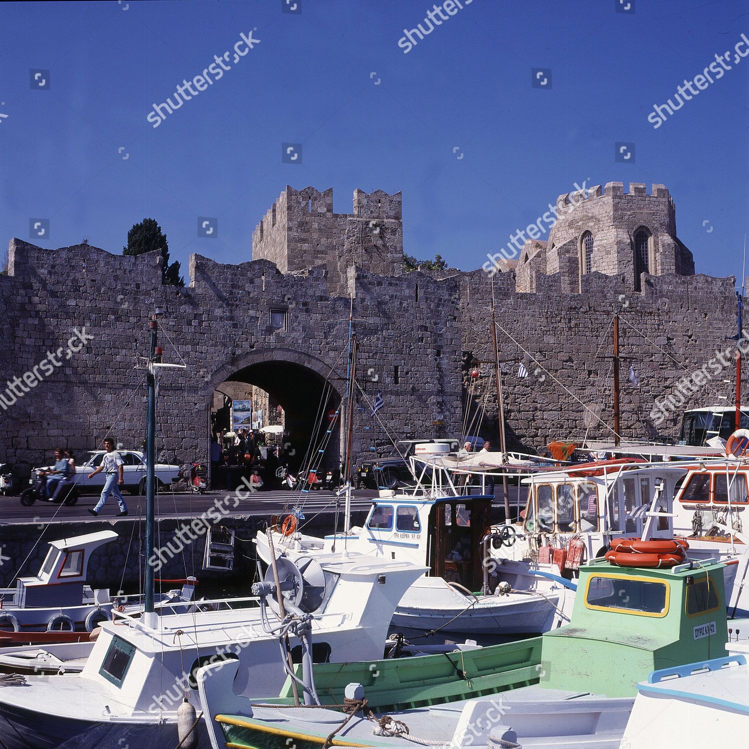 Greece Mandraki Harbour Ramparts Boats Castle Editorial Stock Photo ...