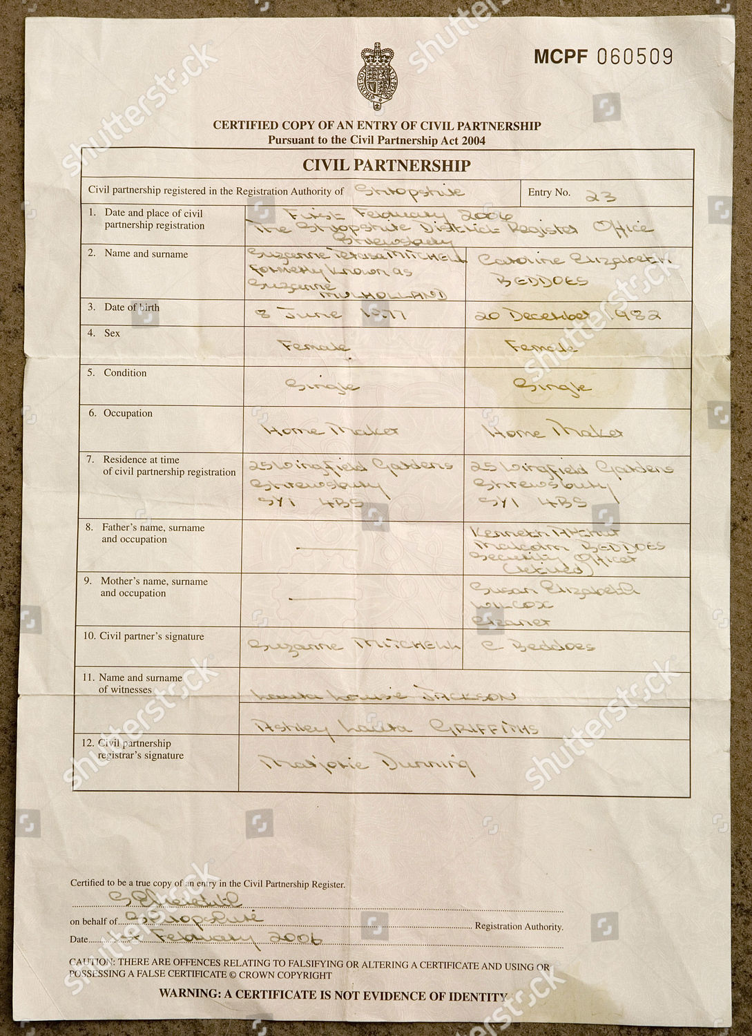 Civil Partnership Certificate Caroline Beddoes Aged Editorial Stock ...