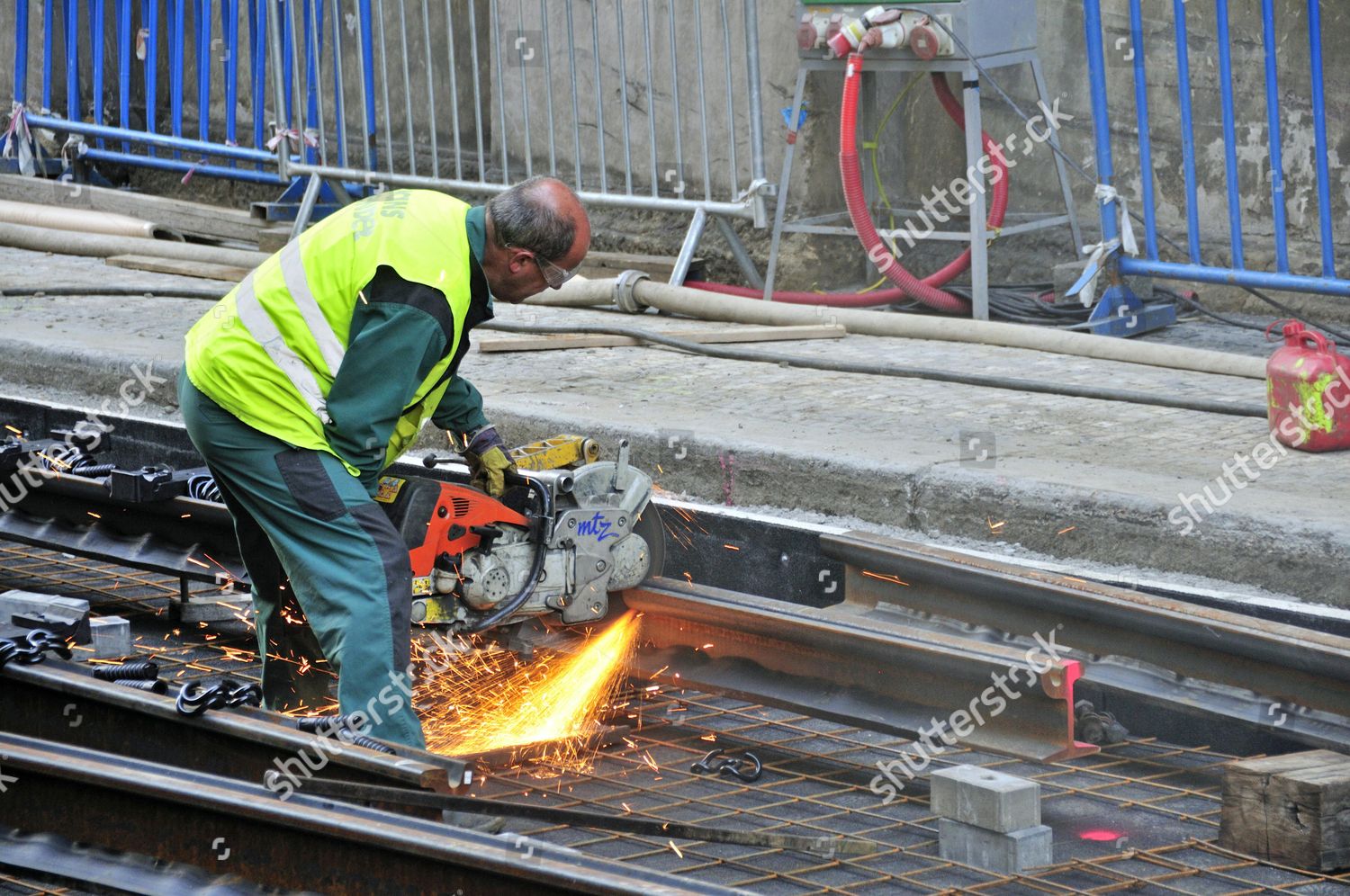 Worker Angle Grinder Cutting Tram Rails Editorial Stock Photo - Stock ...