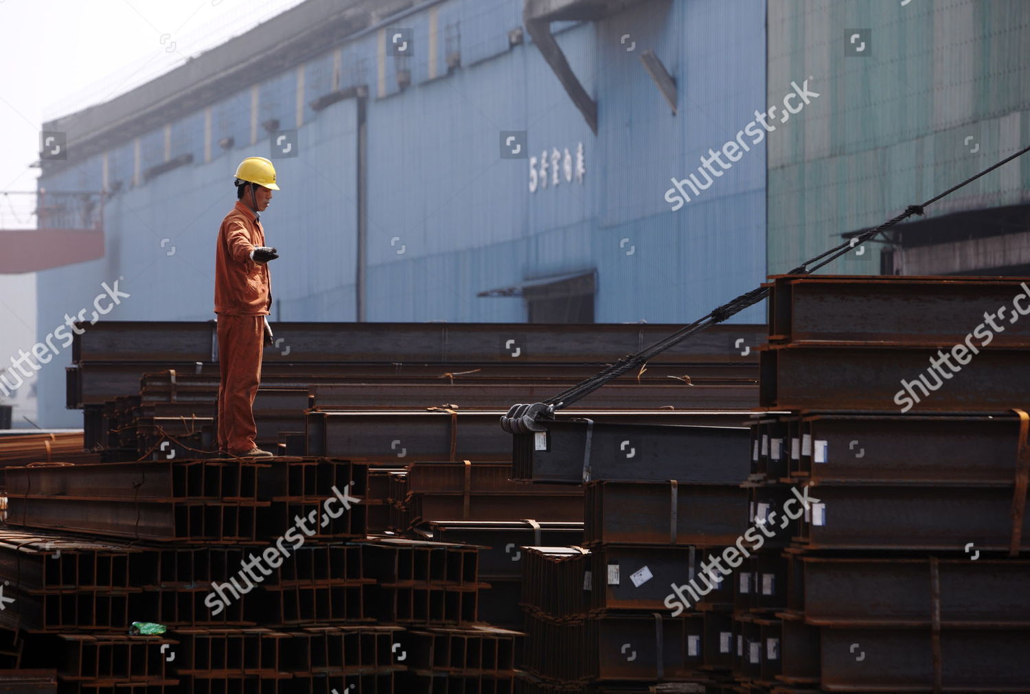 Man Operates Move Stacks Steel Beams Editorial Stock Photo - Stock ...