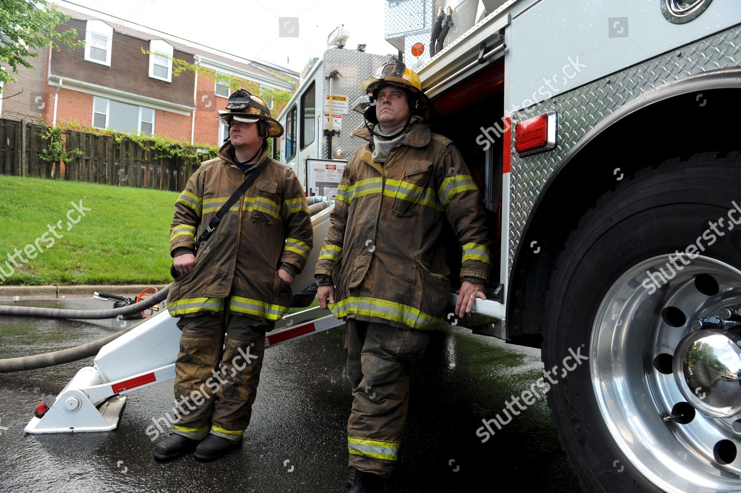 Firefighters Stand Beside Fire Truck Scene Editorial Stock Photo ...