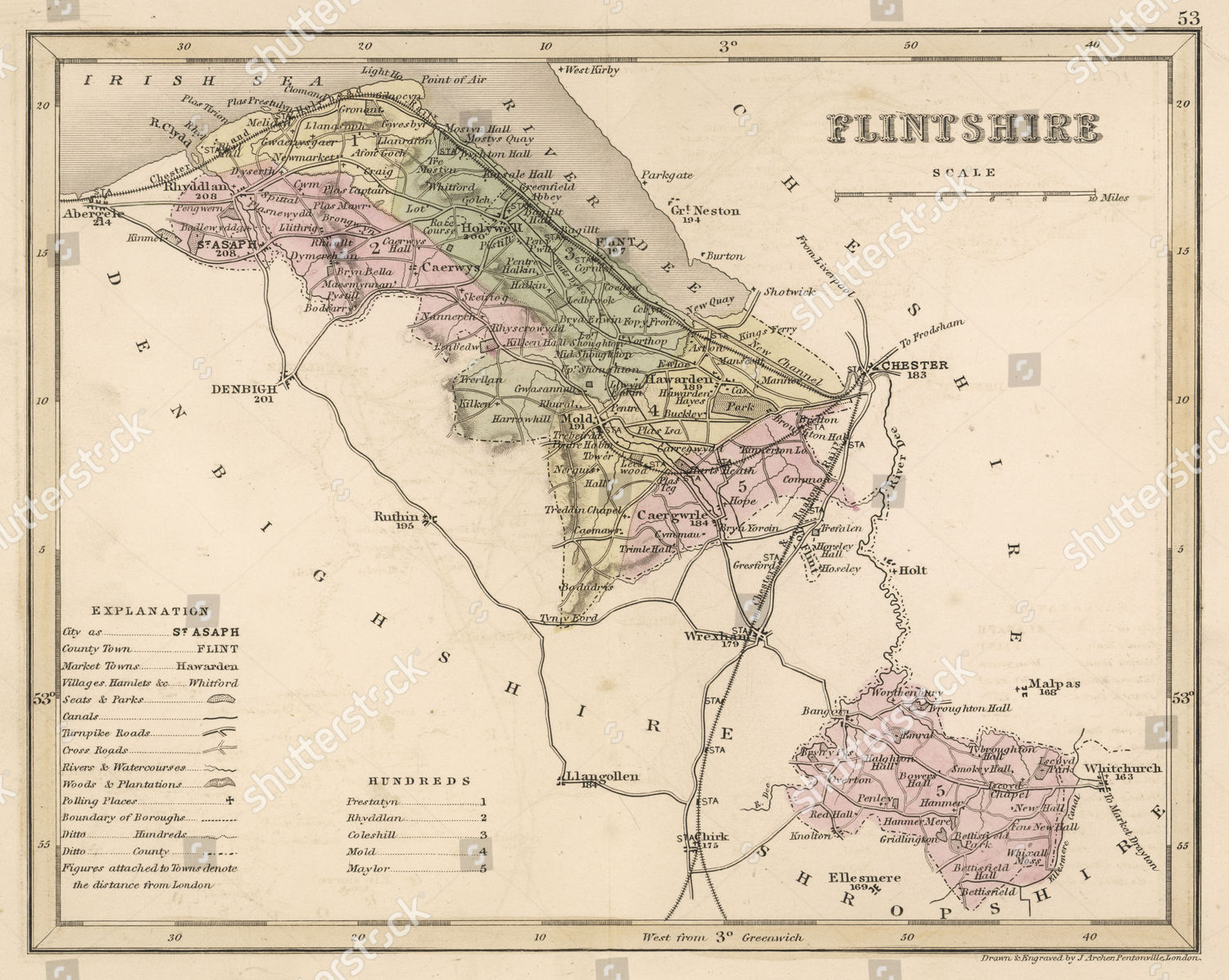 Map Flintshire Wales Circa 1857 Editorial Stock Photo - Stock Image ...