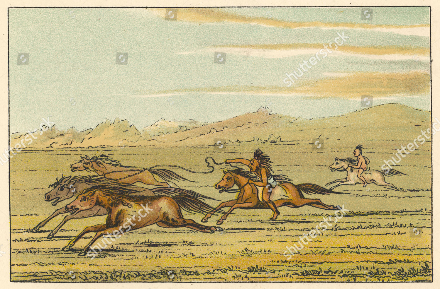 Two Comanche Warriors Chasing Wild Horses Editorial Stock Photo - Stock ...