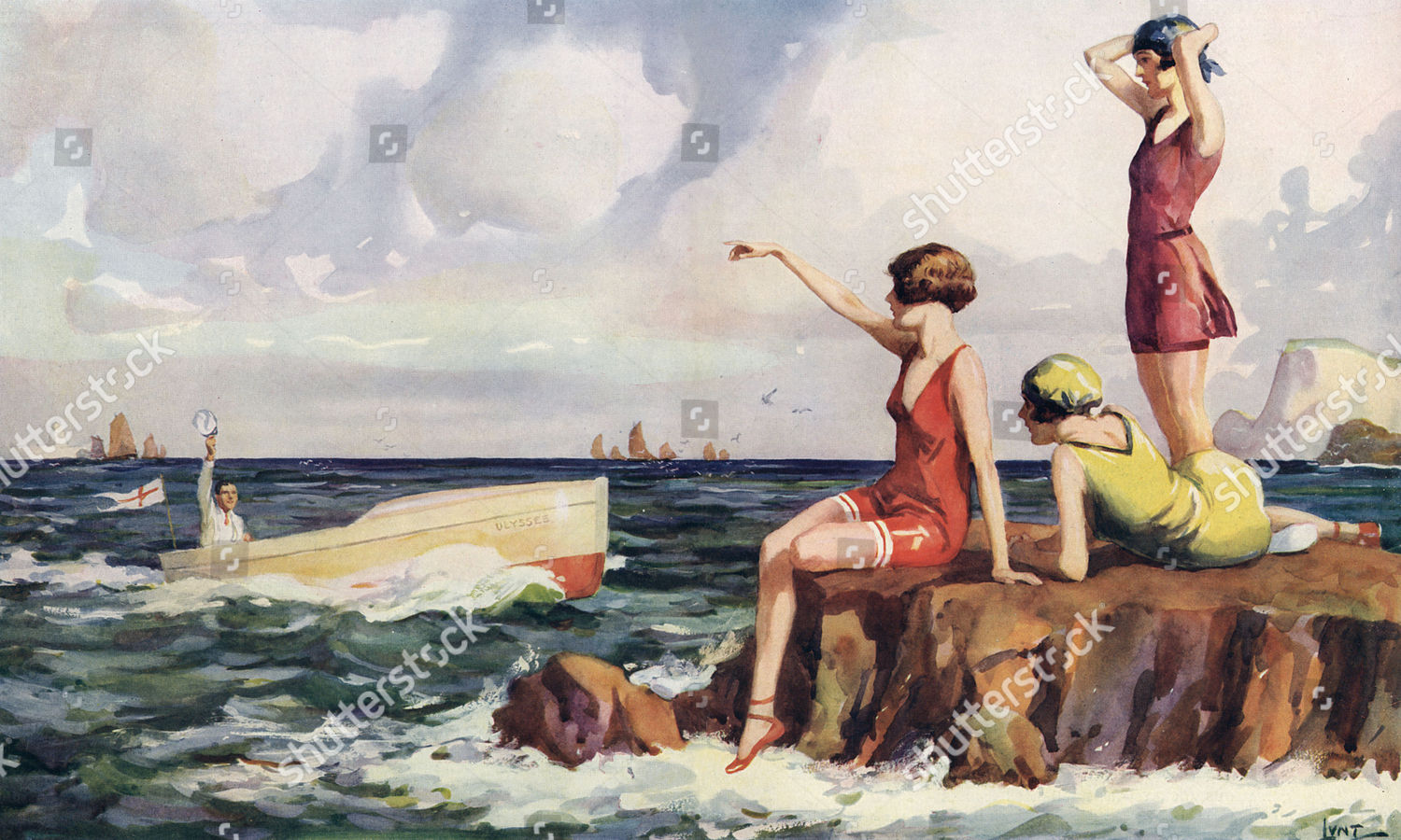 Three Bathing Belles Brightlyhued Swimsuits Sunbathe Editorial Stock ...