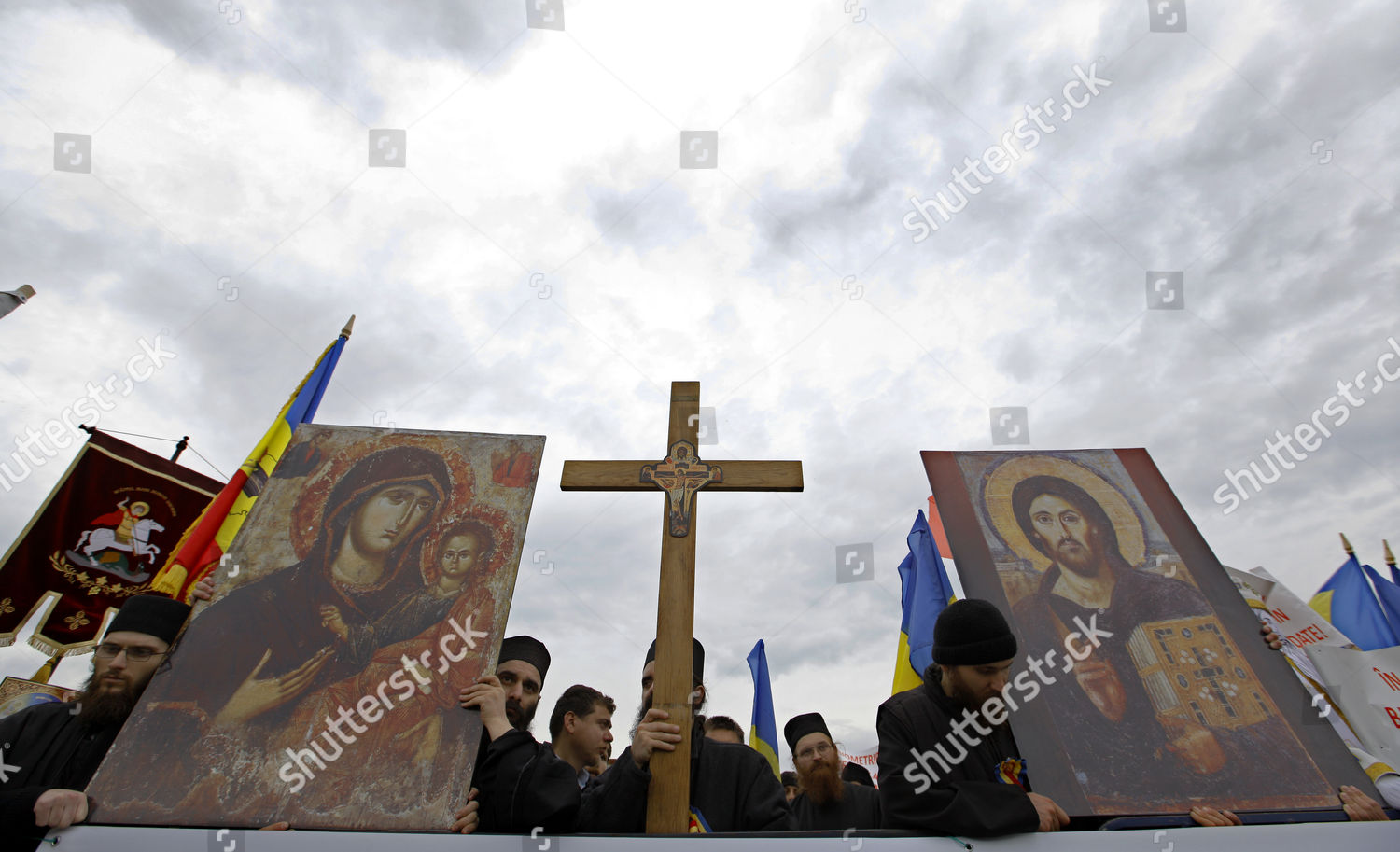 Romanian Orthodox Monks Hold Religious Paintings Editorial Stock Photo ...