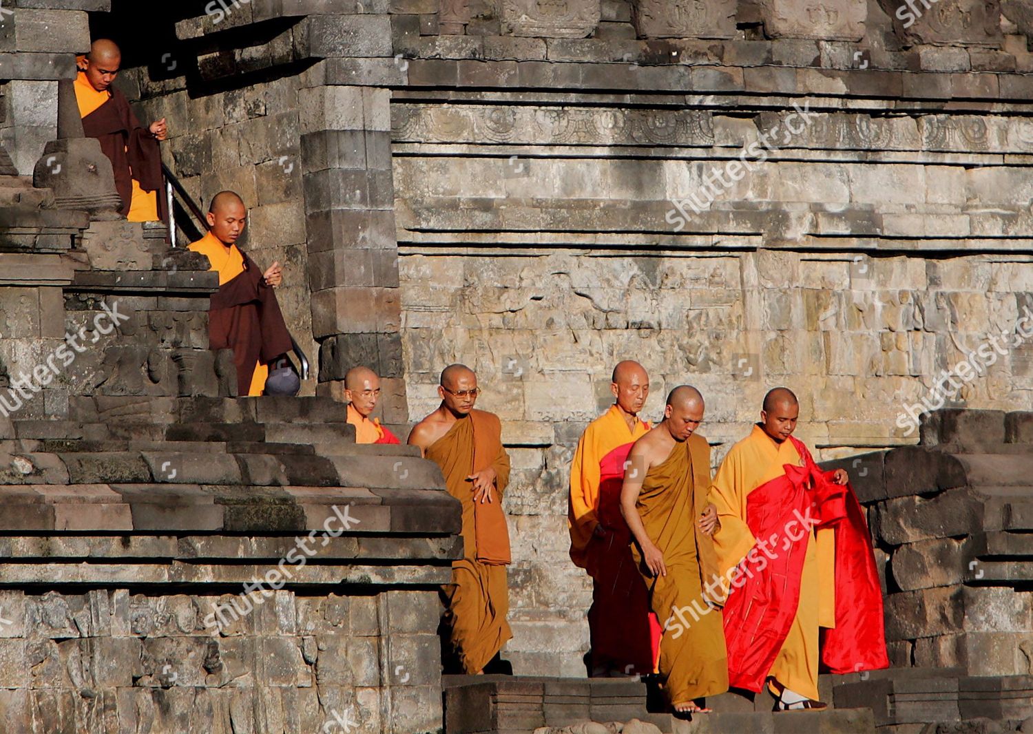 Indonesian Buddhist Monks Walk Down Stairs Editorial Stock Photo ...
