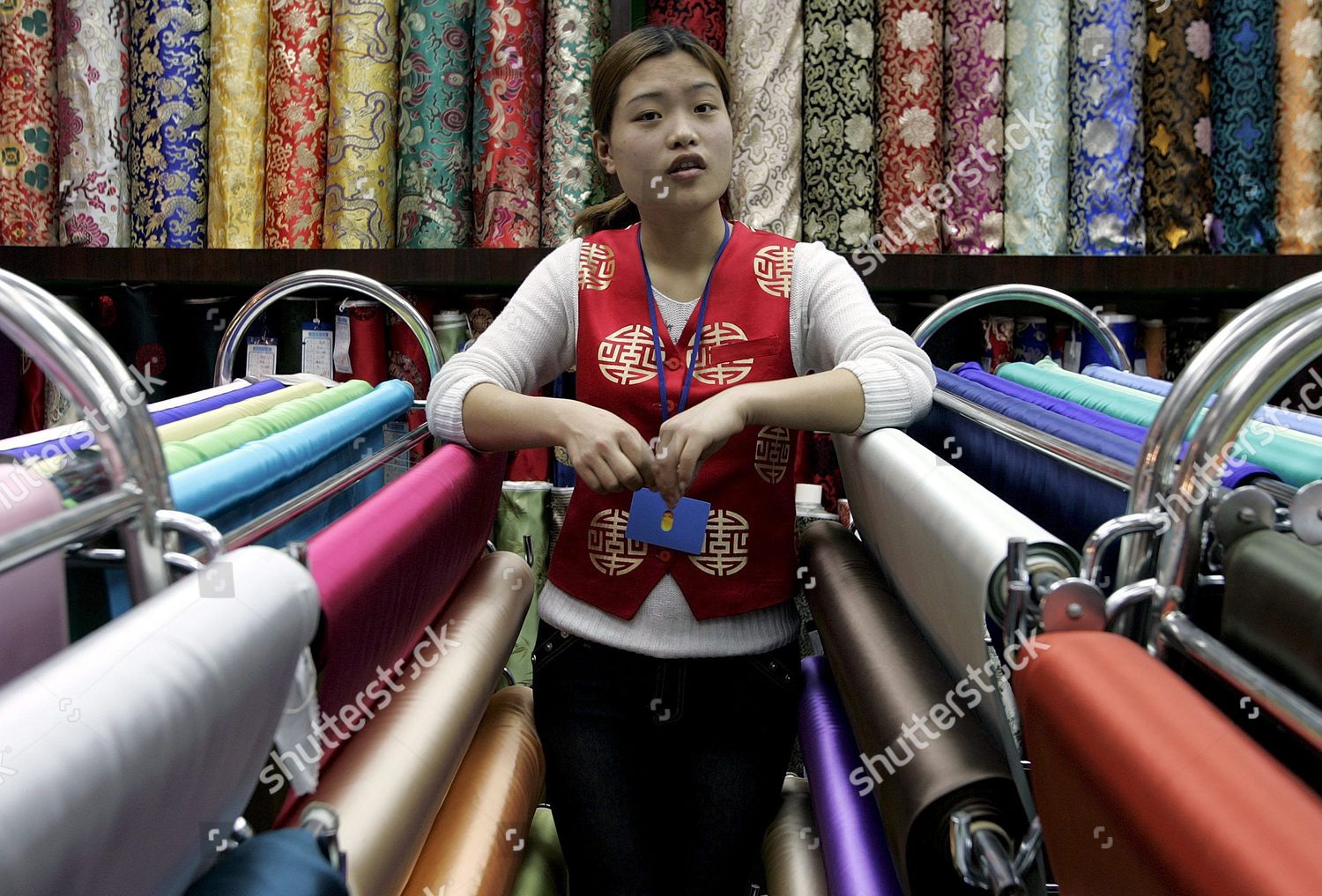 Worker Surounded By Chinese Fabrics Shop Editorial Stock Photo - Stock ...