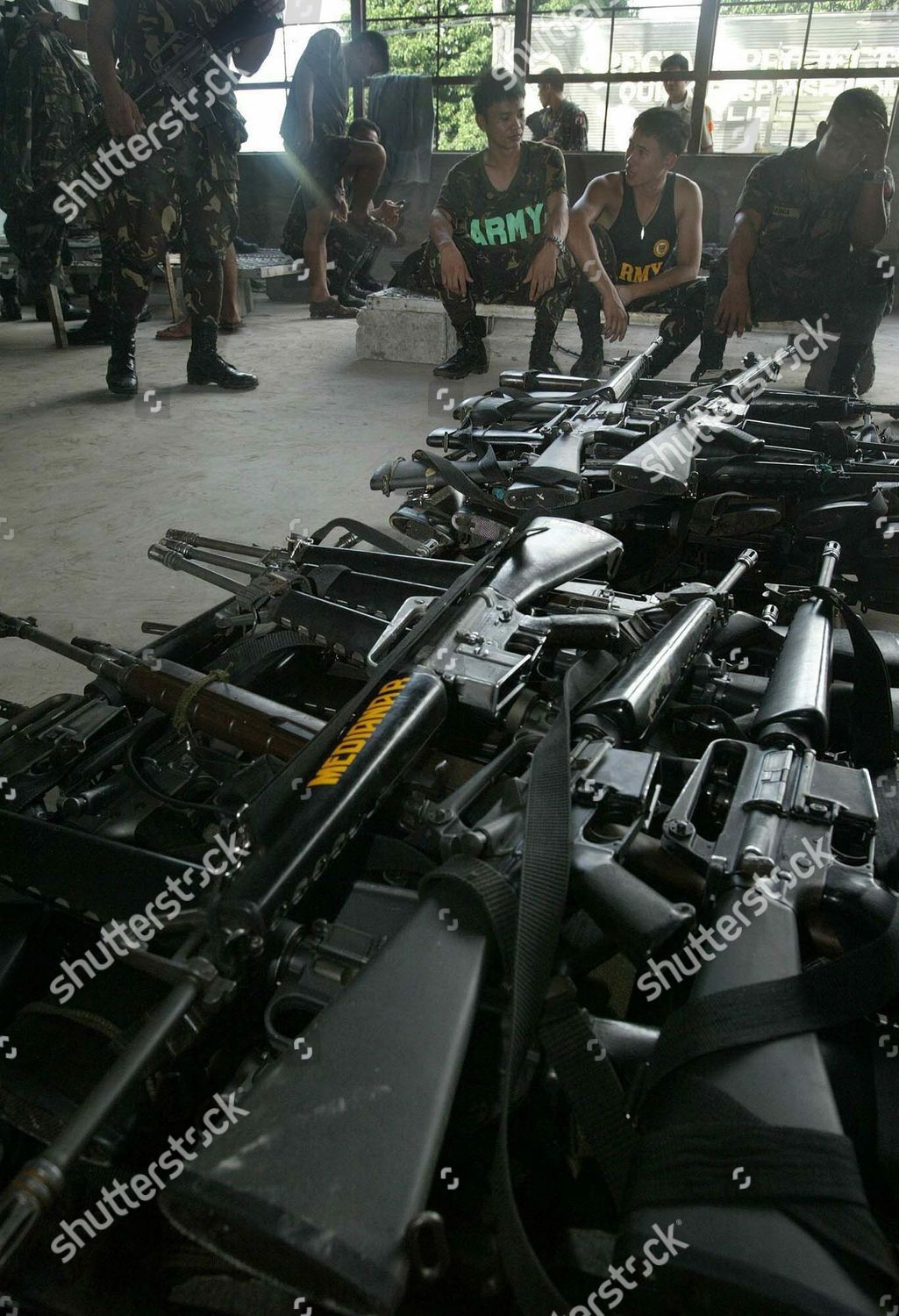 Filippino Soldiers Take Respite Rifles Stacked Editorial Stock Photo ...
