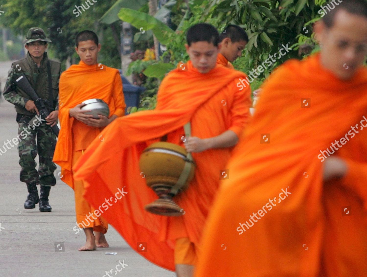 Buddhist Monks Under Armed Thai Guard Editorial Stock Photo - Stock ...