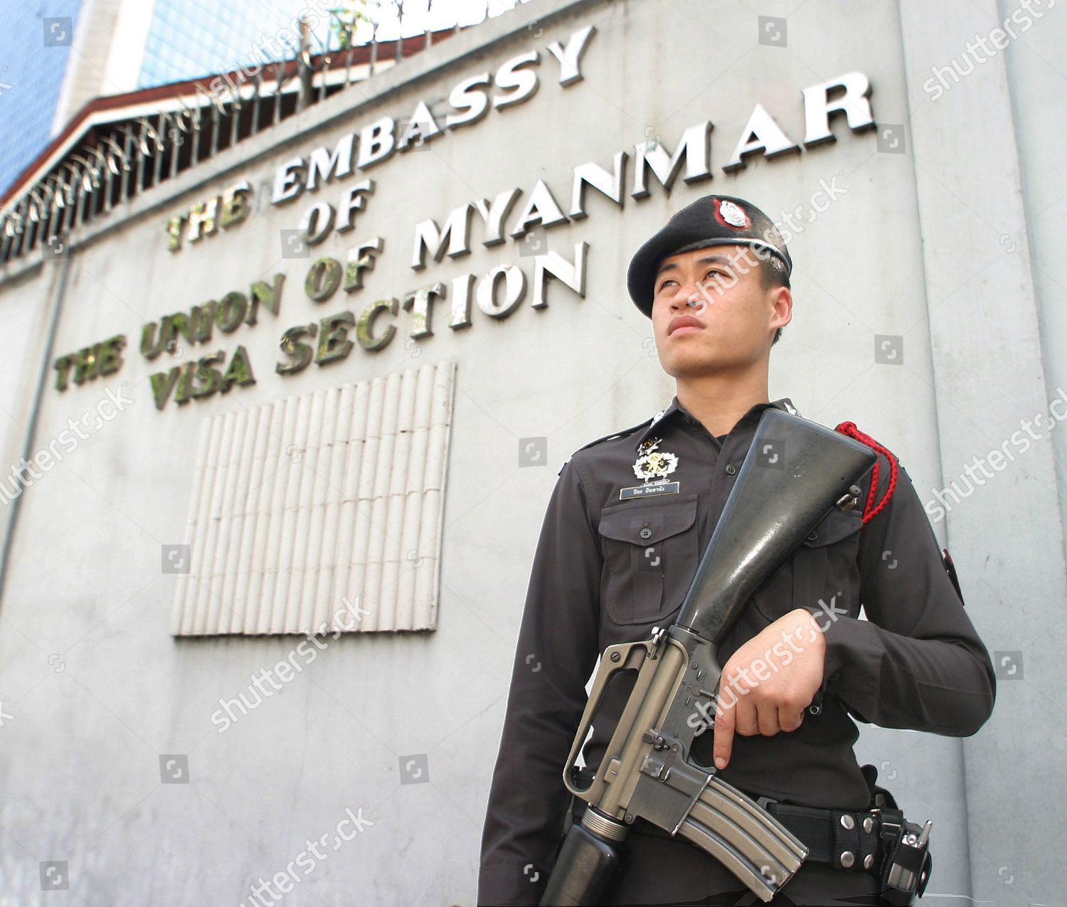 Thai Policeman Stands Guard Front Myanmar Editorial Stock Photo - Stock ...