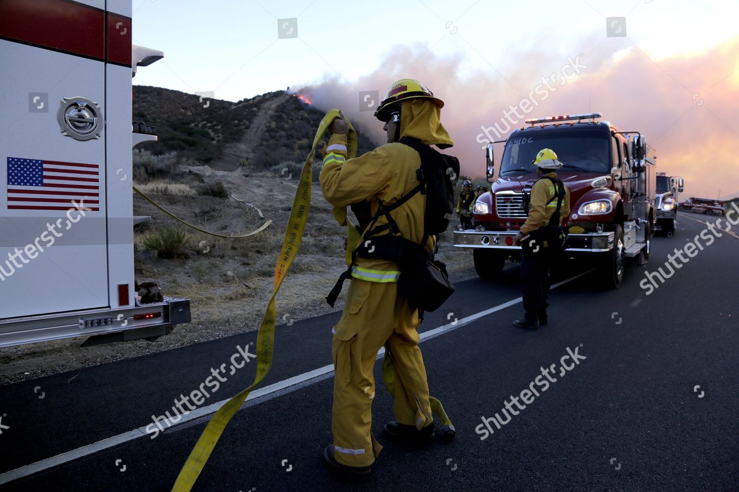 Firefighters Pull Hoses Firetruck Battle Blue Editorial Stock Photo ...