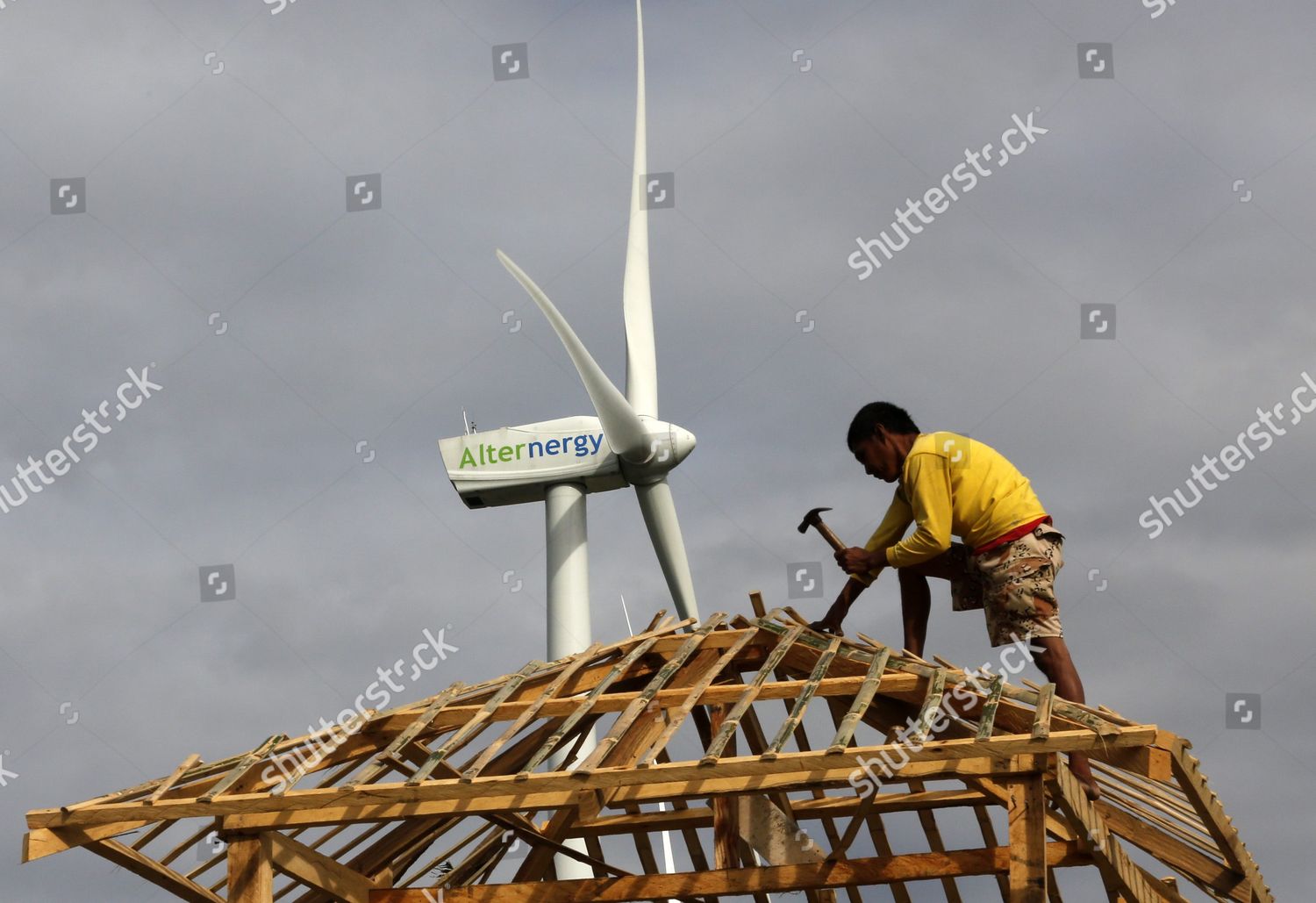 Filipino Carpenter Builds House Next Windmills Editorial Stock Photo ...
