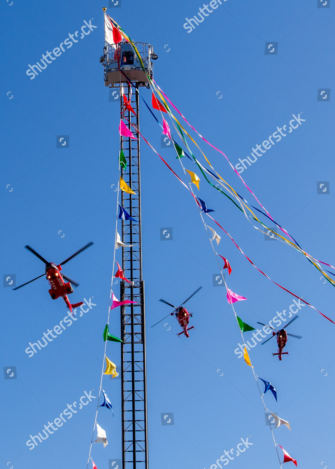 Emergency Rescue Helicopters Fly Past Firetruck Editorial Stock Photo ...