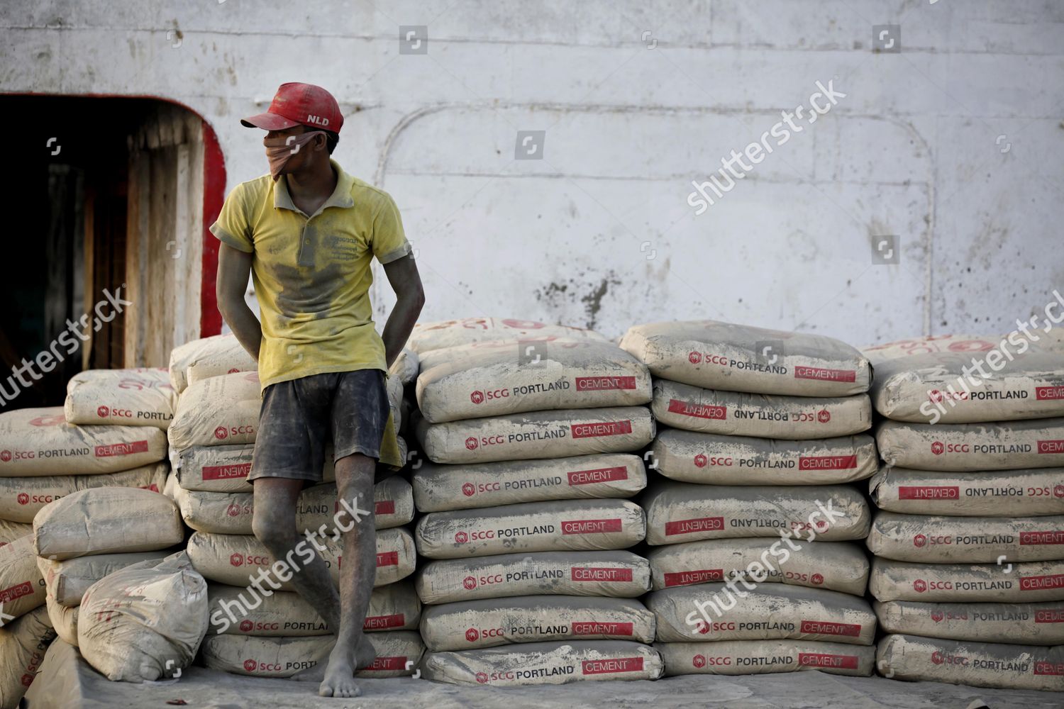 Myanmar Worker Leans On Pile Cement Editorial Stock Photo - Stock Image ...