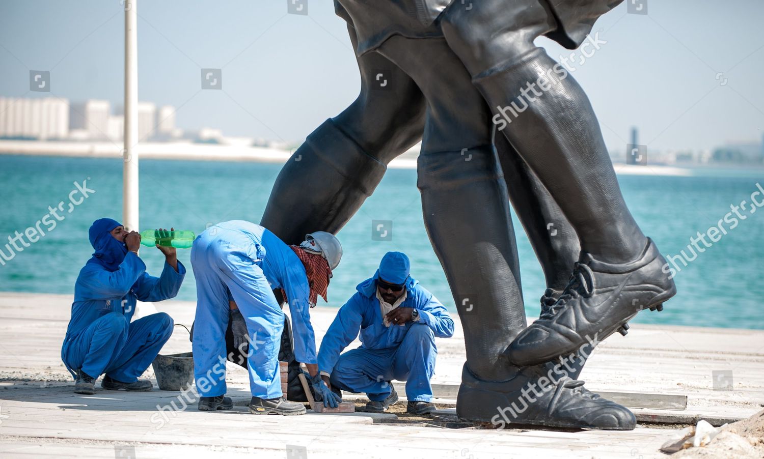 Laborers Put Finishing Touch Paving Stones Editorial Stock Photo ...