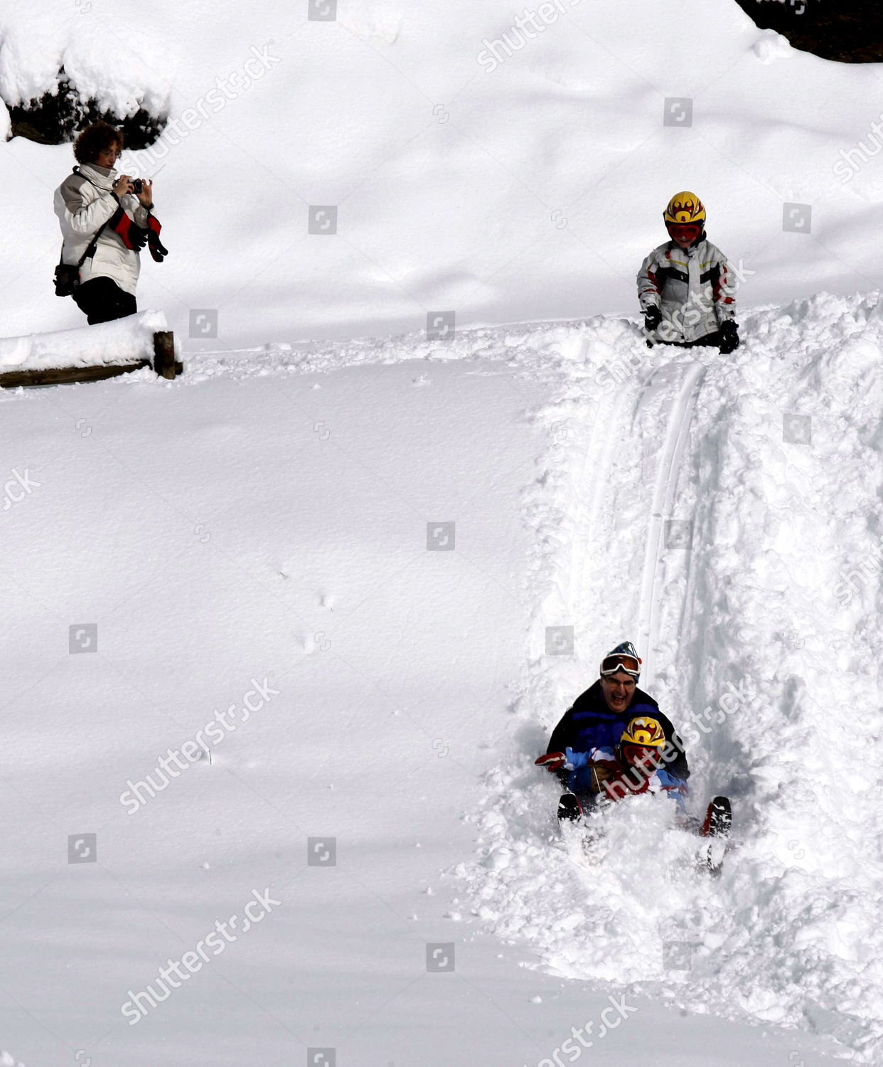 Family Go Down Slope On Sledge Editorial Stock Photo - Stock Image ...