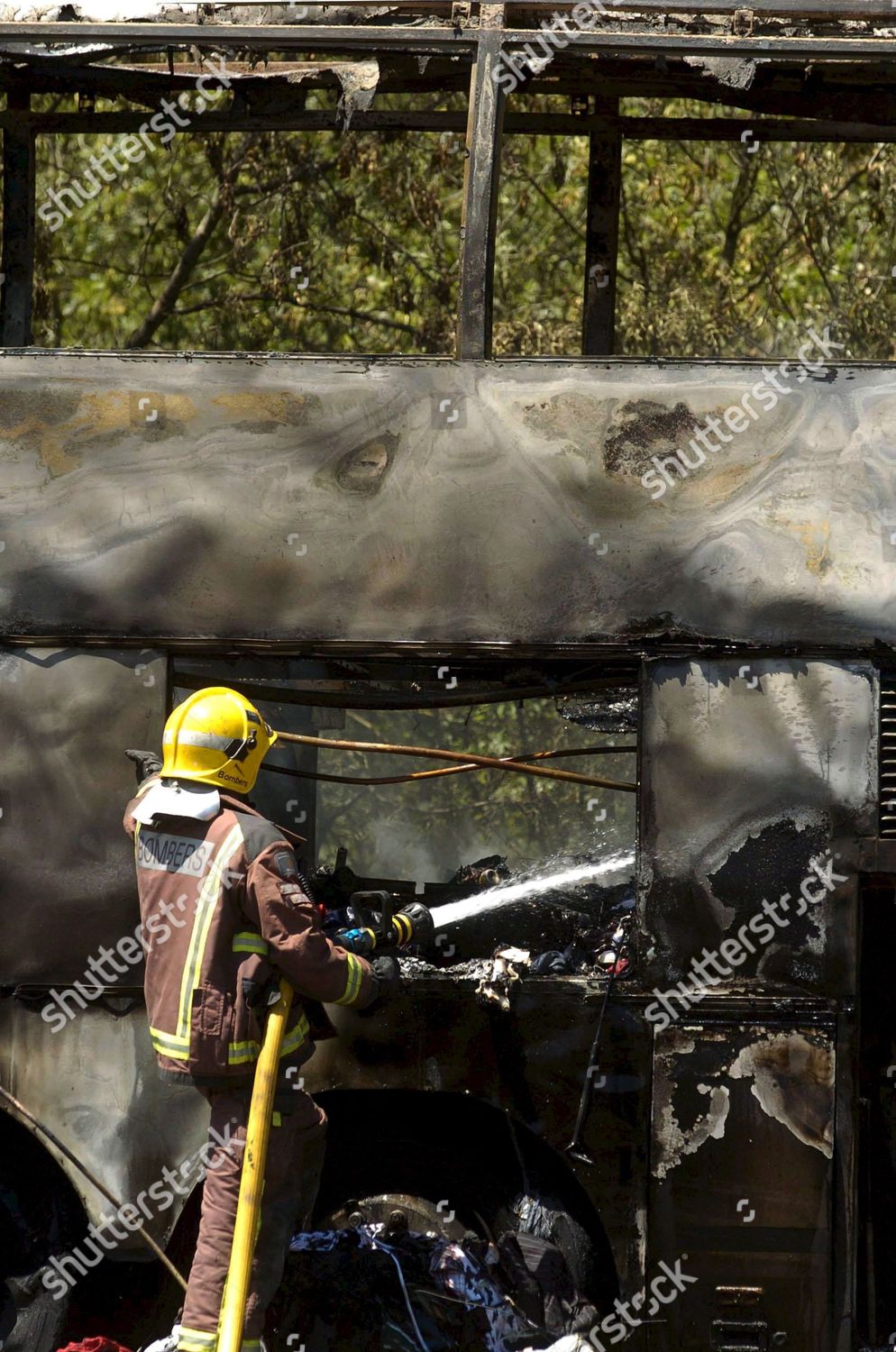 Firefighter Puts Out Fire Wreckage Bus Editorial Stock Photo - Stock ...