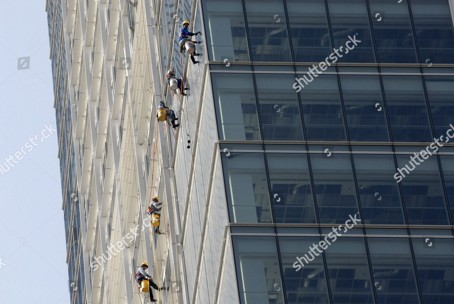 Migrant Workers Clean Windows Outside Highrise Editorial Stock Photo ...