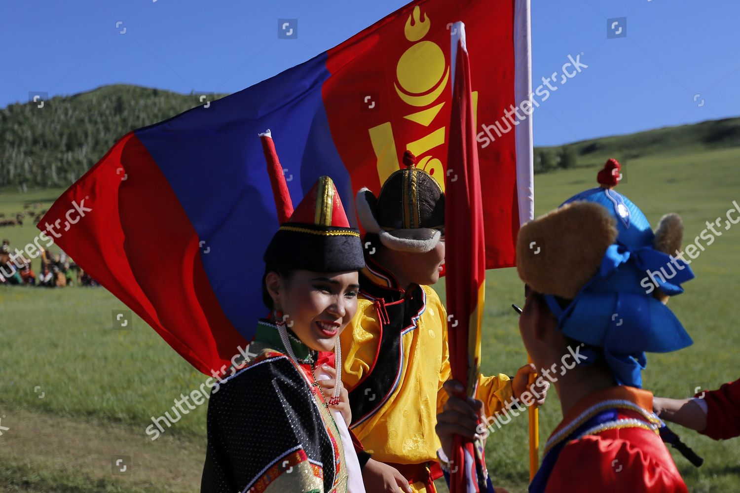 Mongolian People Traditional Attire Hold Mongolian Editorial Stock ...