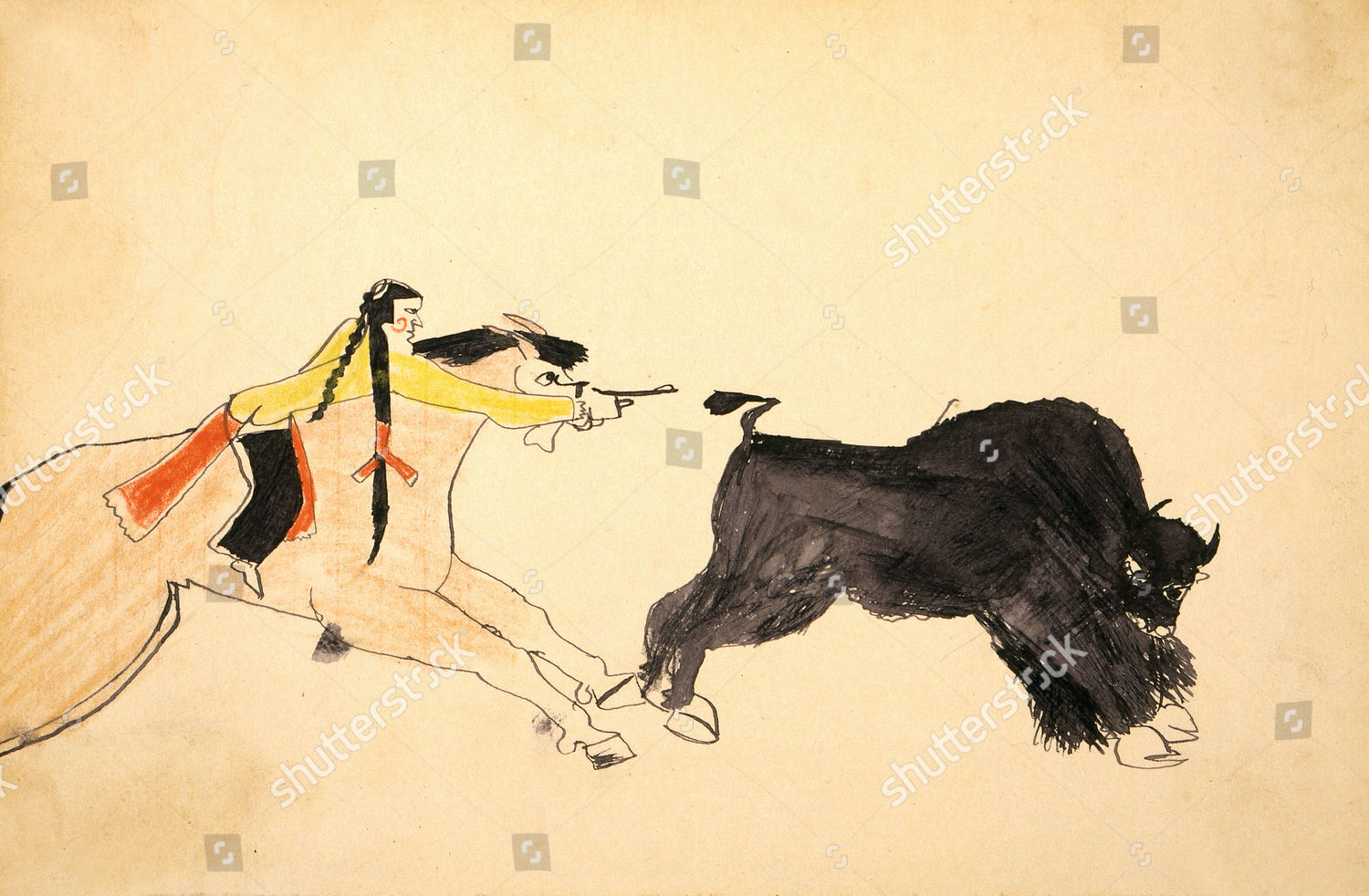 Indian Shooting Buffalo Drawing By Galloping Editorial Stock Photo ...