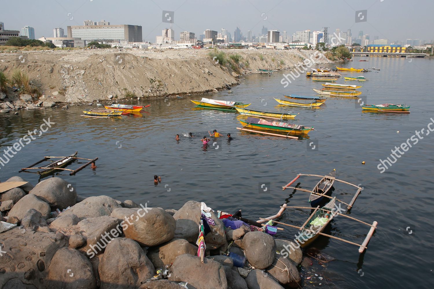 Filipino Children Swim Along Fishing Boats Editorial Stock Photo ...
