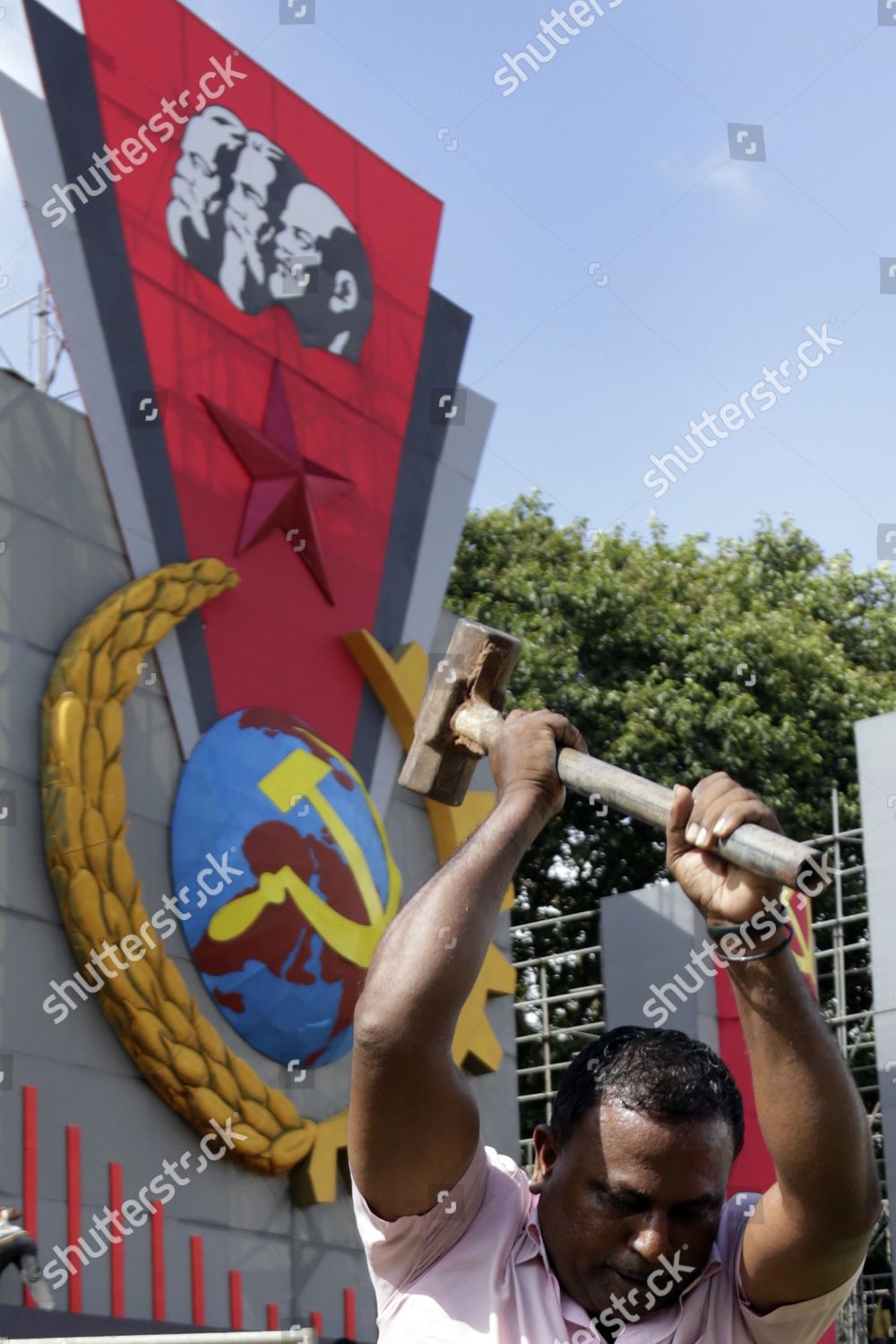 Worker Assembling Galvanized Pipe Barricades Around Editorial Stock ...