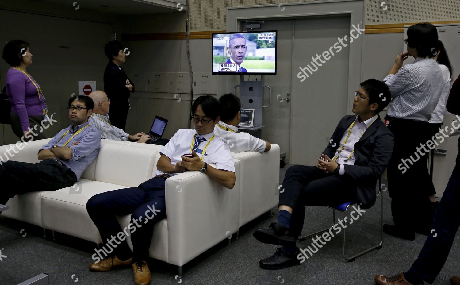 Japanese Journalists Watch Tv Broadcast Displaying Editorial Stock ...