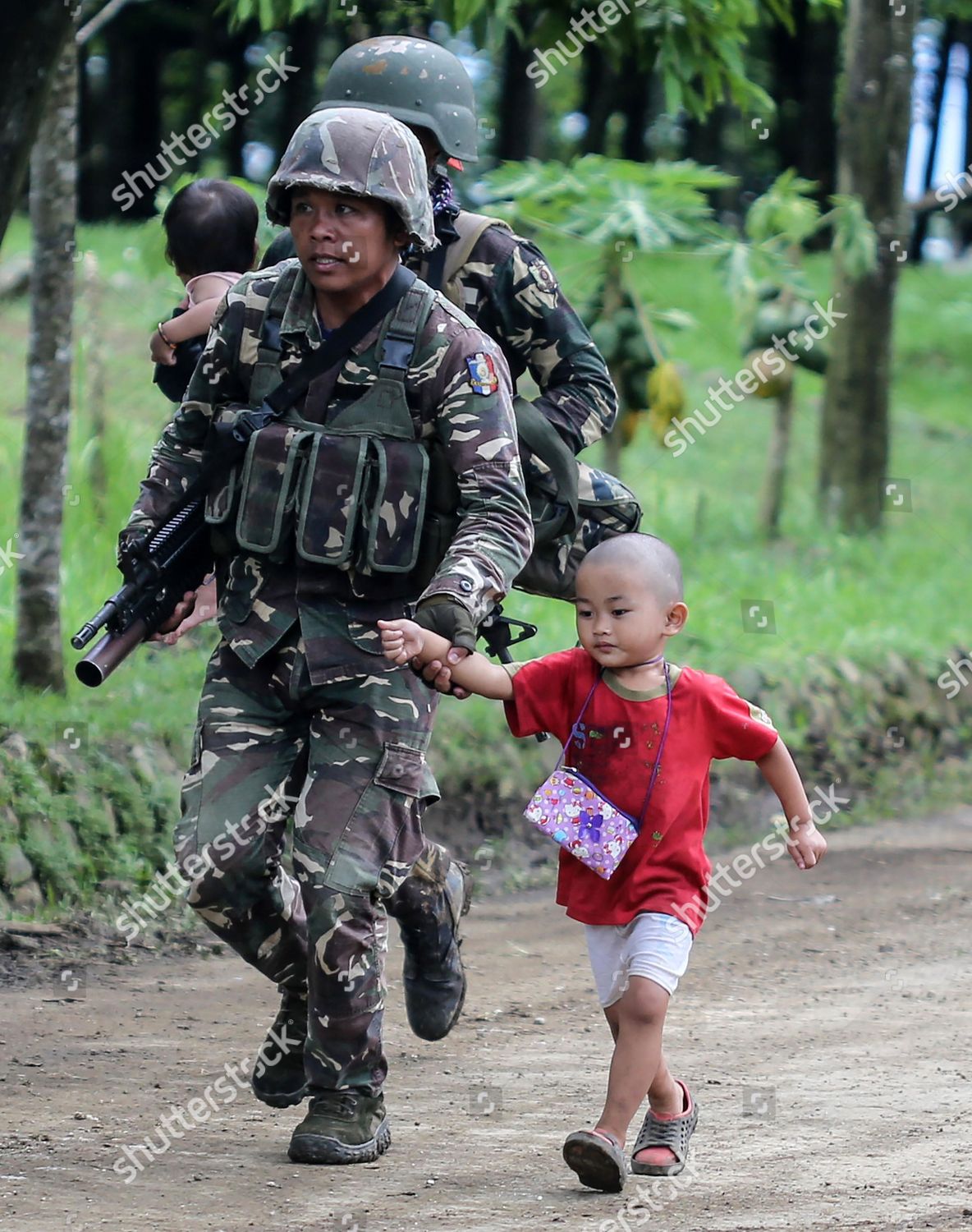 Filipino Soldiers Hold On Fleeing Children Editorial Stock Photo ...